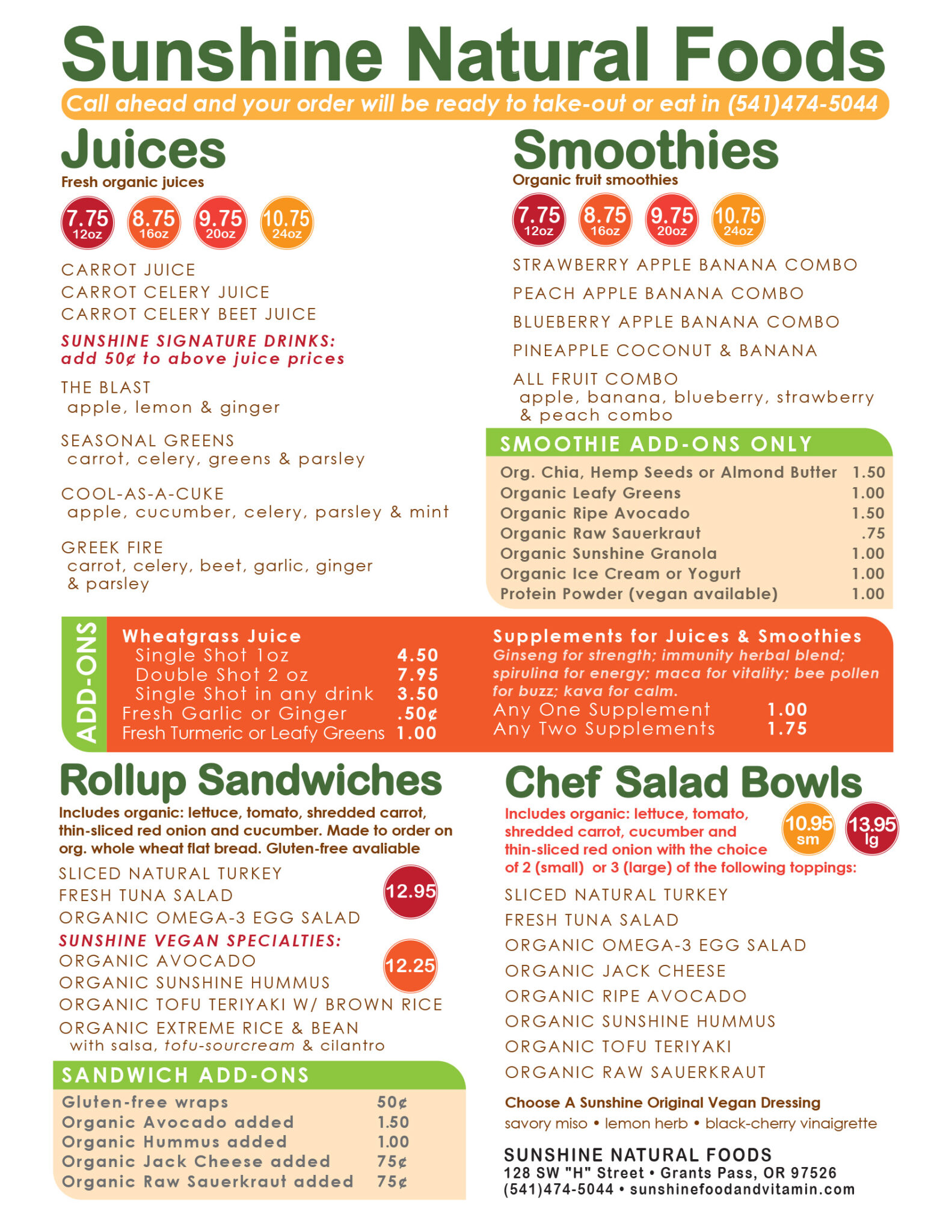 Menu - Sunshine Natural Organic Food